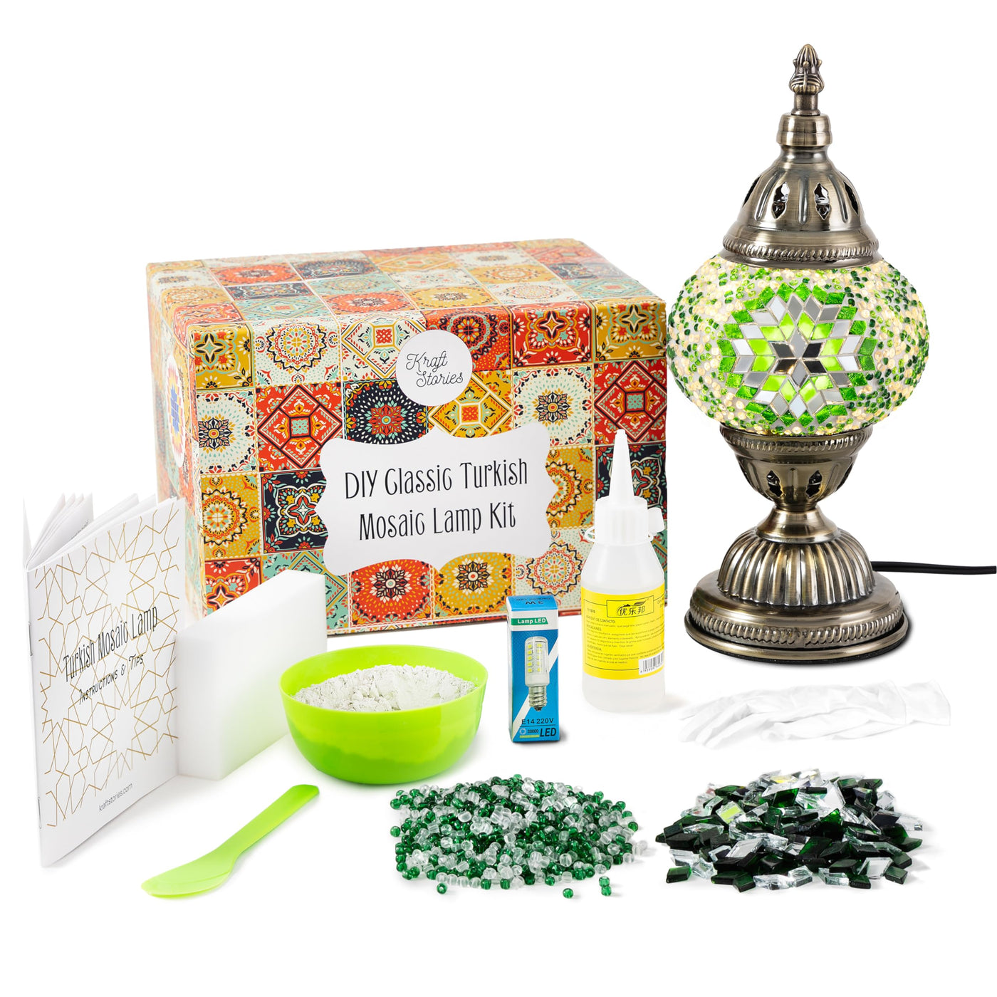 KRAFTSTORIES Turkish Mosaic Lamp Kit - DIY Glass Table Lamp, Antique B ...