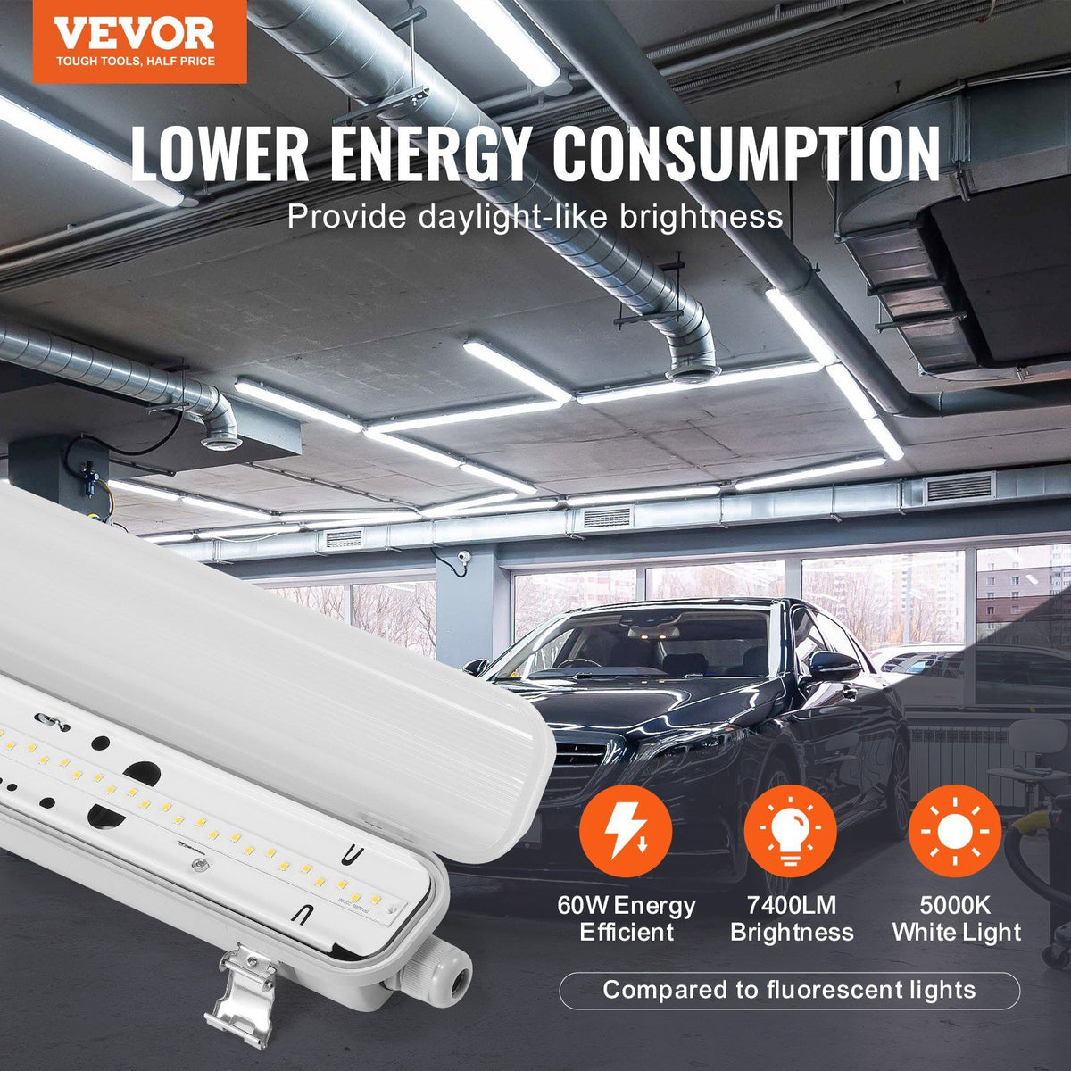 VEVOR 4FT LED Vapor Tight Light, 60W, 7400LM Vapor Proof Light Fixture ...